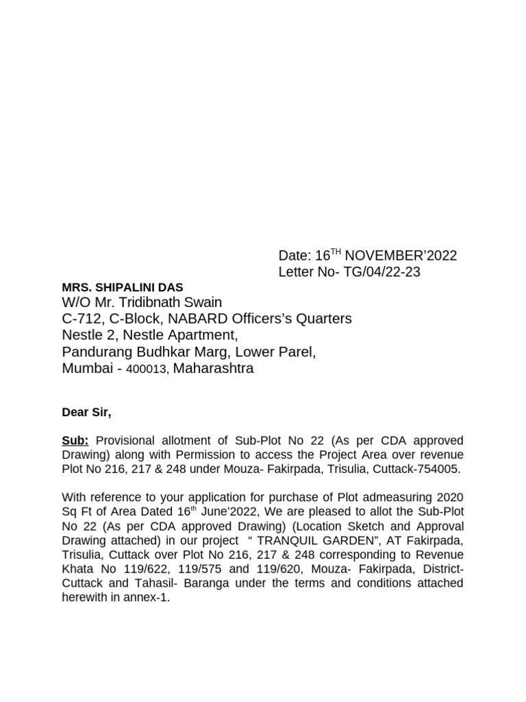 Allottment Letter Rita Mohapatra B 12 | PDF