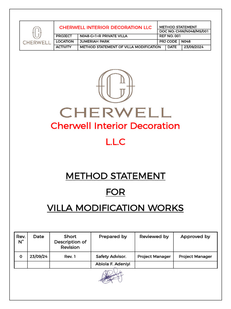 Method Statement For Villa Modification | PDF | Emergency | Demolition