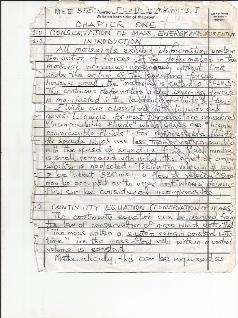 Mee 355 - Fluid Dynamics I - Chapter 1 | PDF