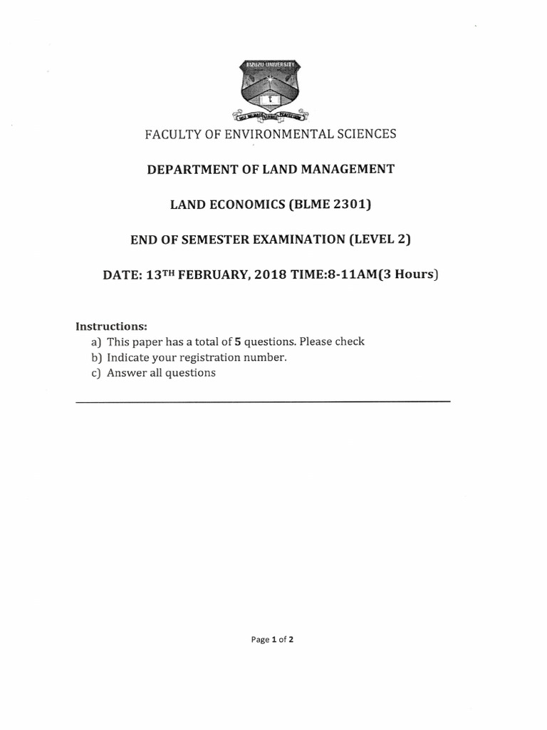 Blme 2301 Land Economics End of Semester Examinations February 2018 | PDF