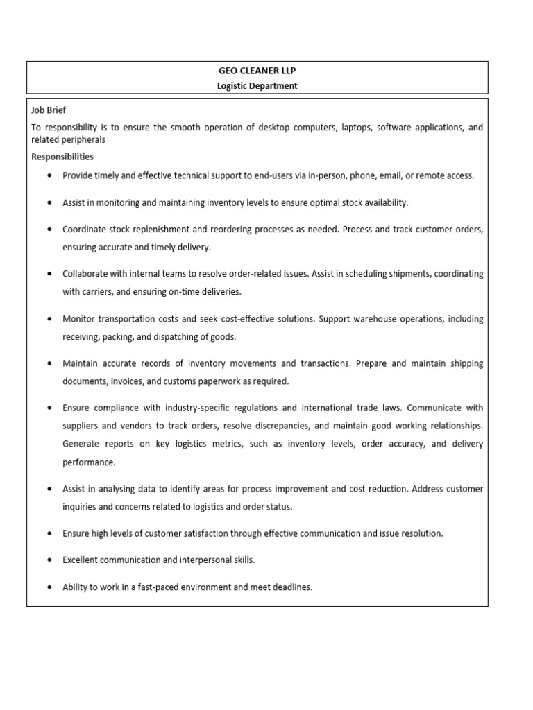 GCL - JD - Logistic Department | PDF