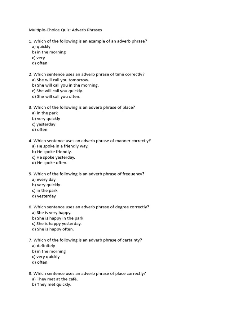 022quiz adverb phrases practice | PDF