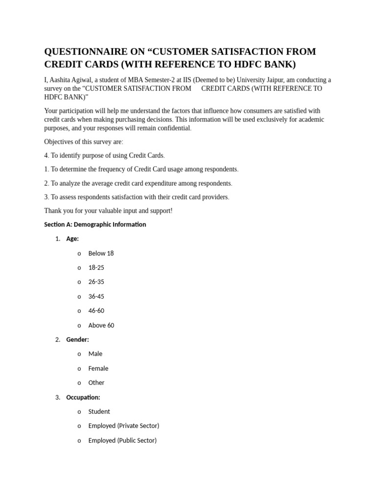 QUESTIONNAIRE Credit Cards | PDF | Credit Card | Loyalty Program