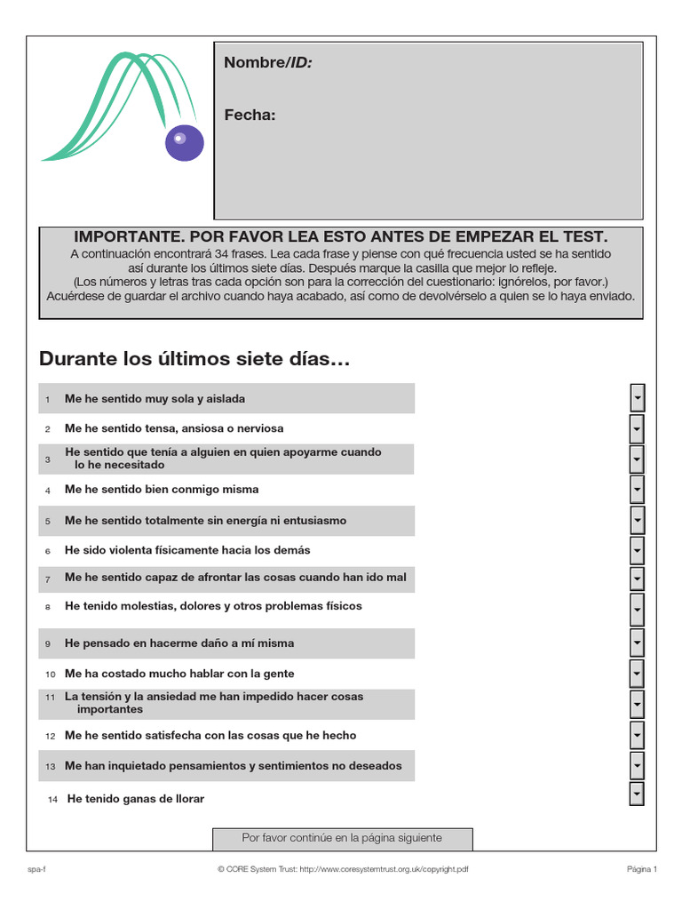CORE-OM - SpanishF - Fillable - Optional - Items - Minimal - Header ...