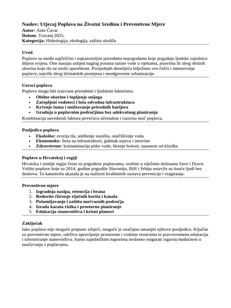 Utjecaj Poplava Na Životni Sredinu I Preventivne Mjere | PDF