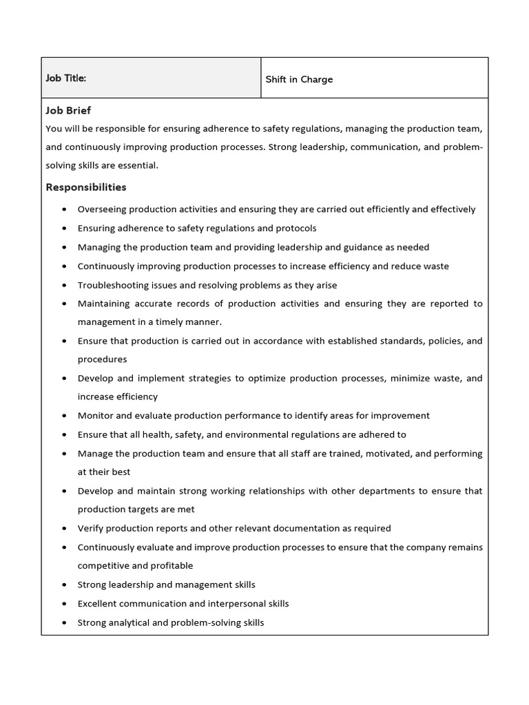 Shift in Charge Job Responsibilities | PDF | Leadership | Safety