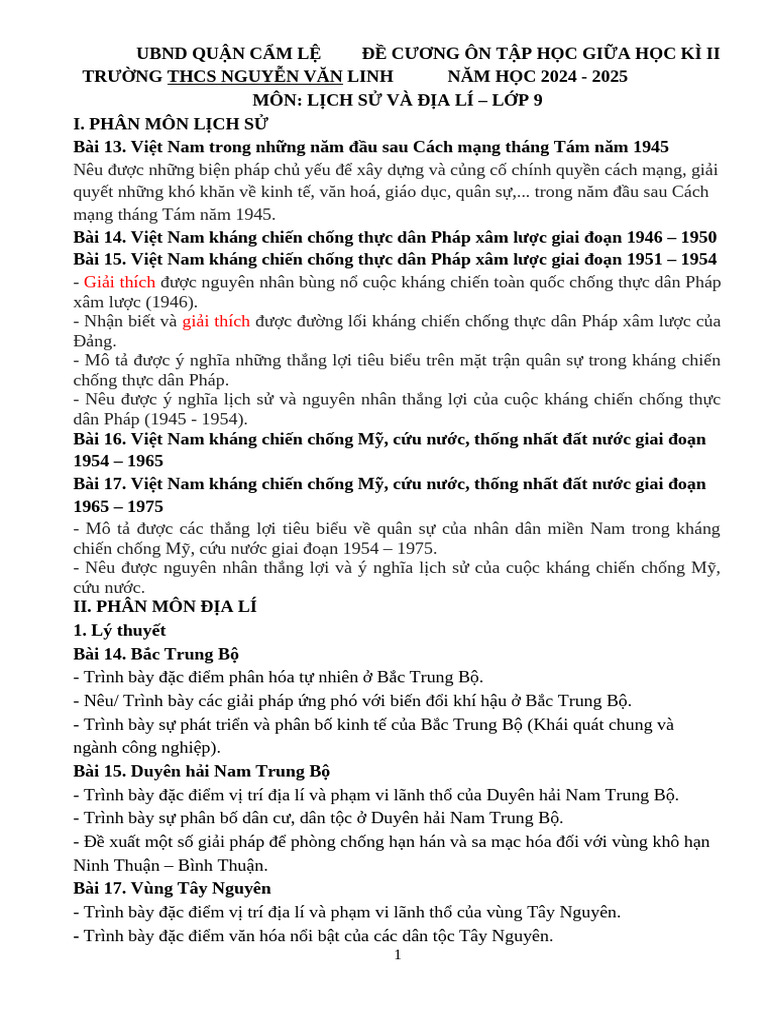 NỘI DUNG ÔN TẬP SỬ ĐỊA 9 GHK II | PDF