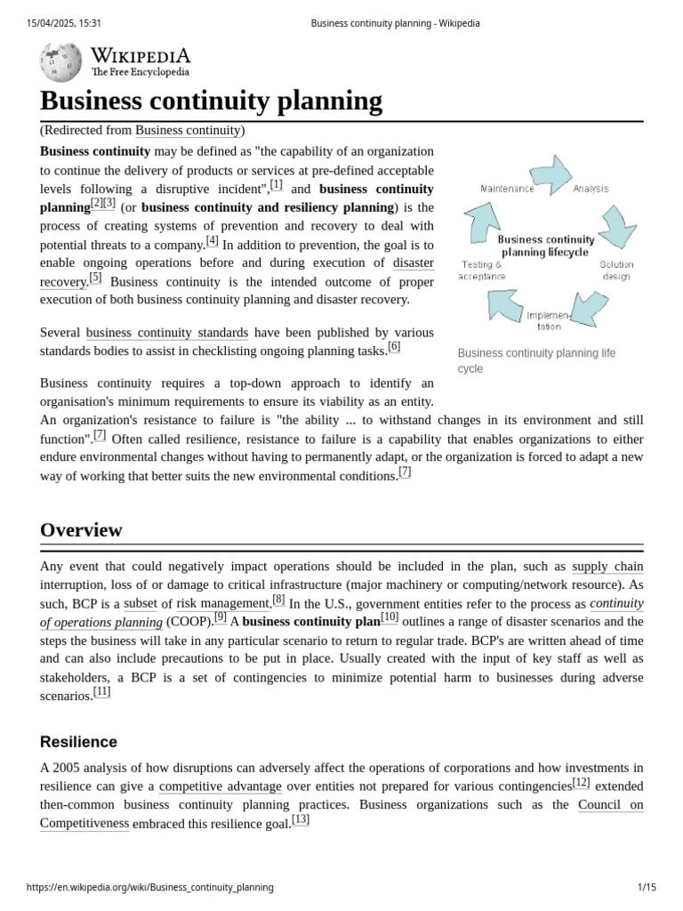Business Continuity Planning - Wikipedia | PDF | Business