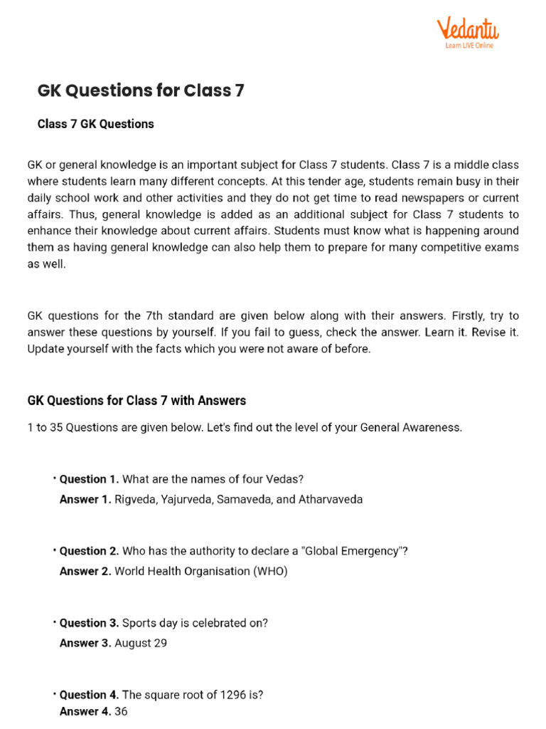 GK Questions For Class 7 | PDF