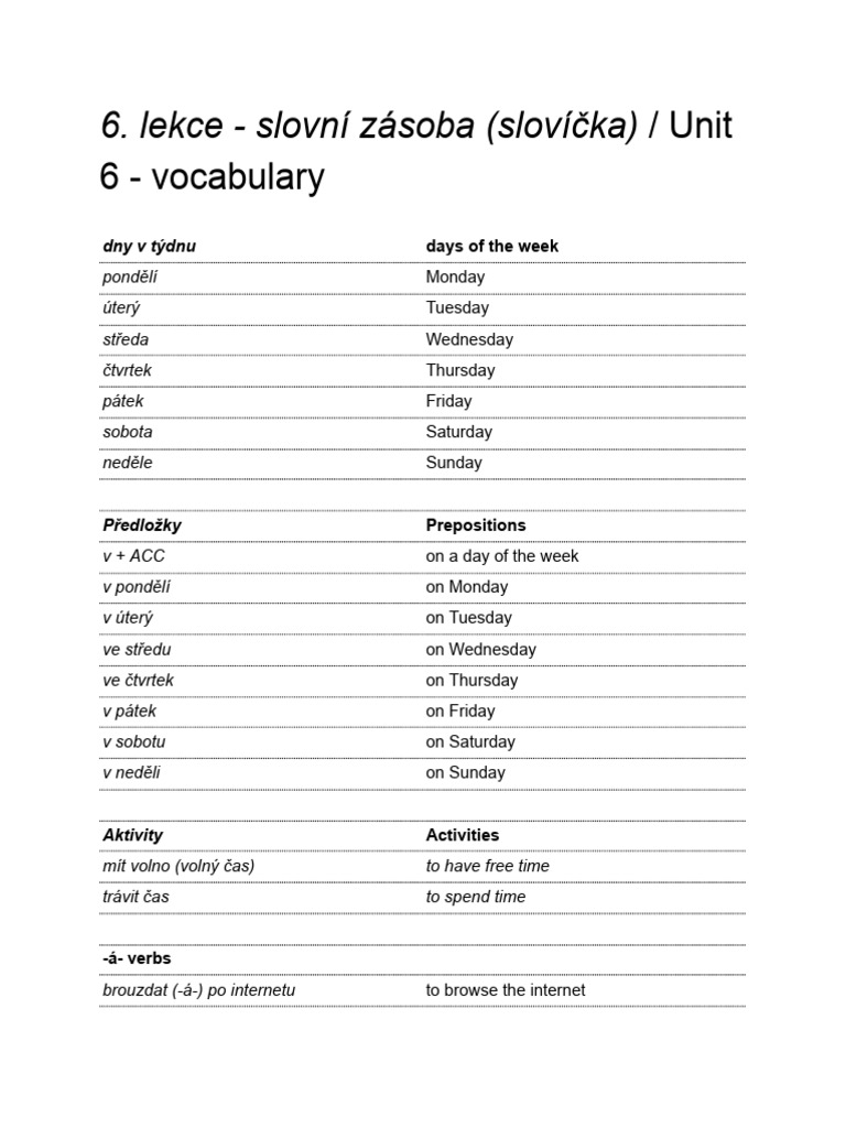 Dny V Tydnu Predlozky Slovni Zasoba | PDF