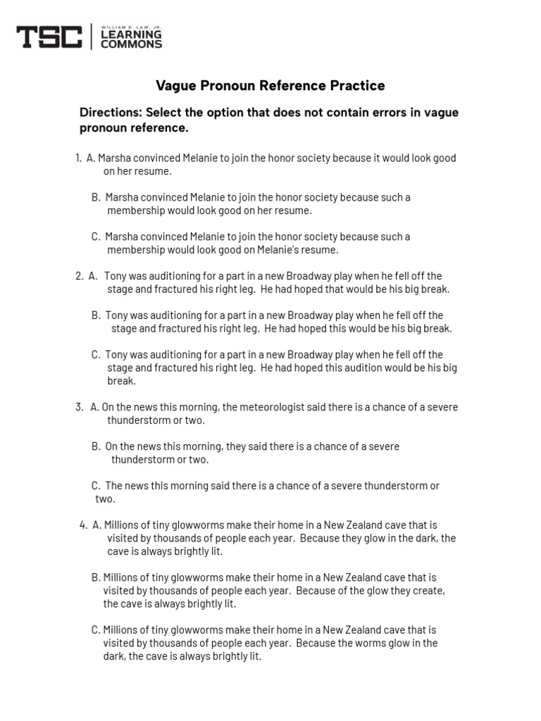 Vague Pronoun Reference Practice | PDF