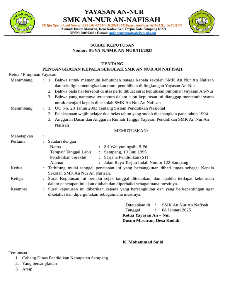SK Pengangkatan Kepala Sekolah SMK An Nur An Nafisah | PDF