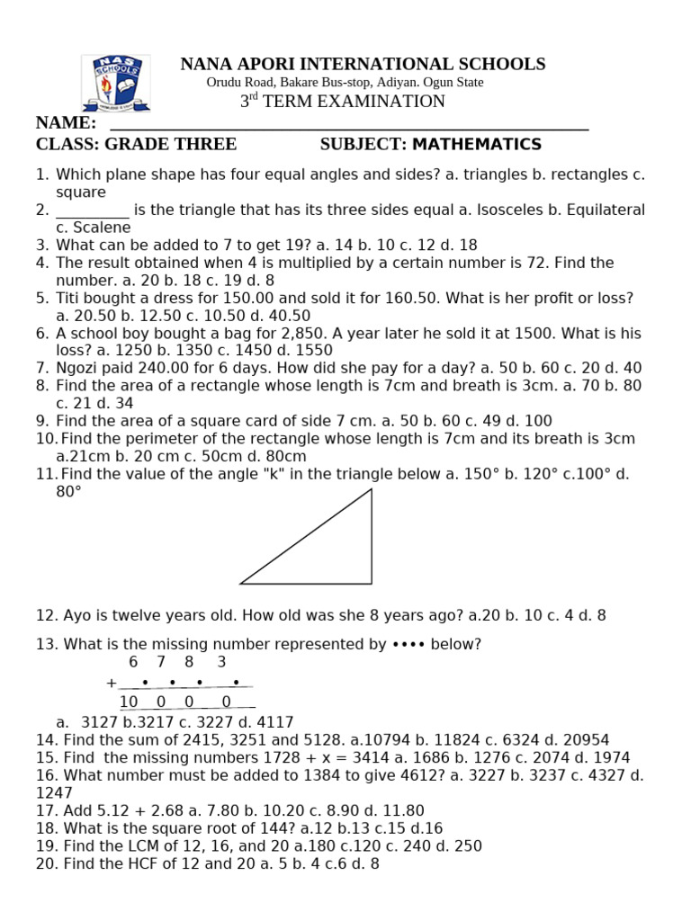 Grade 3 Mathematics Exam Questions | PDF