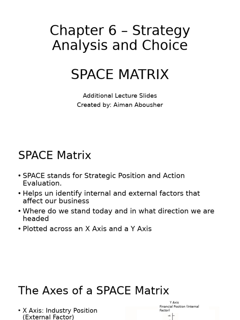 Week 8 - Additional Lecture Slides - SPACE Matrix - Chapter 6 - Strategy Analysis and Choice ...
