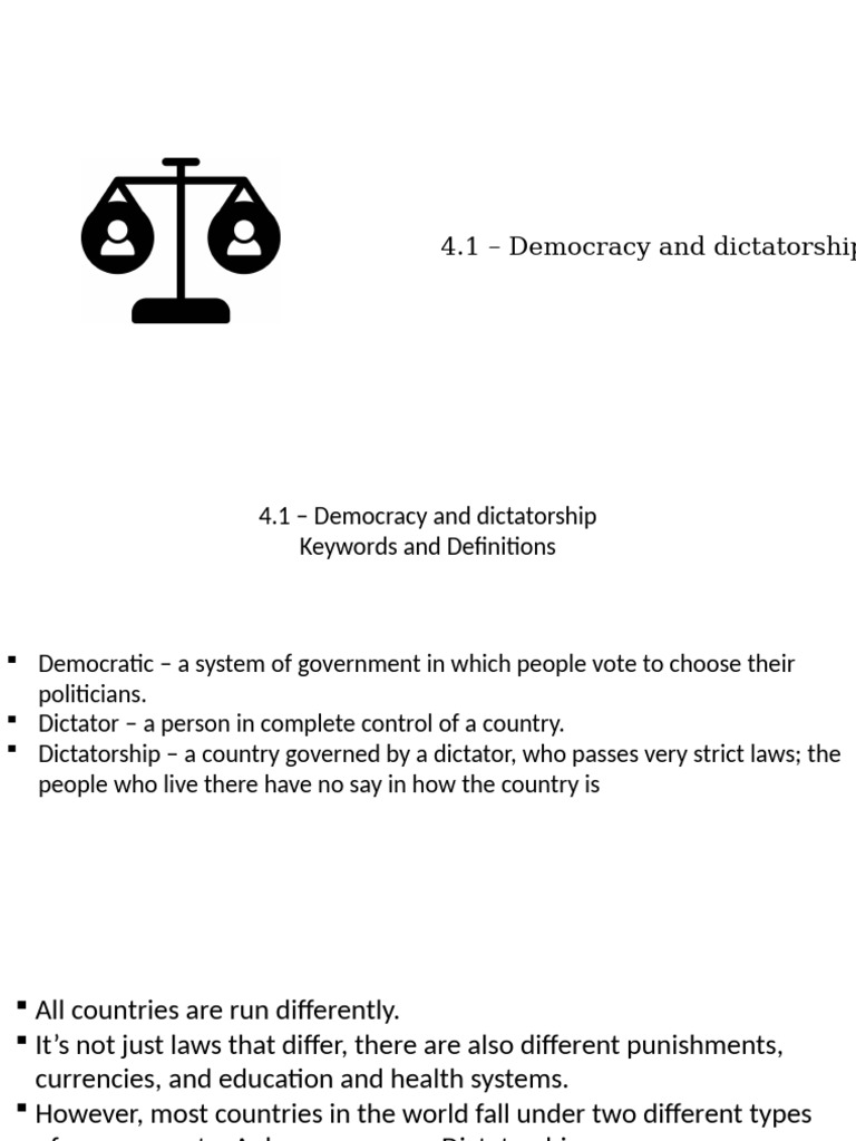 Democracy vs. Dictatorship Explained | PDF | Dictatorship | Democracy