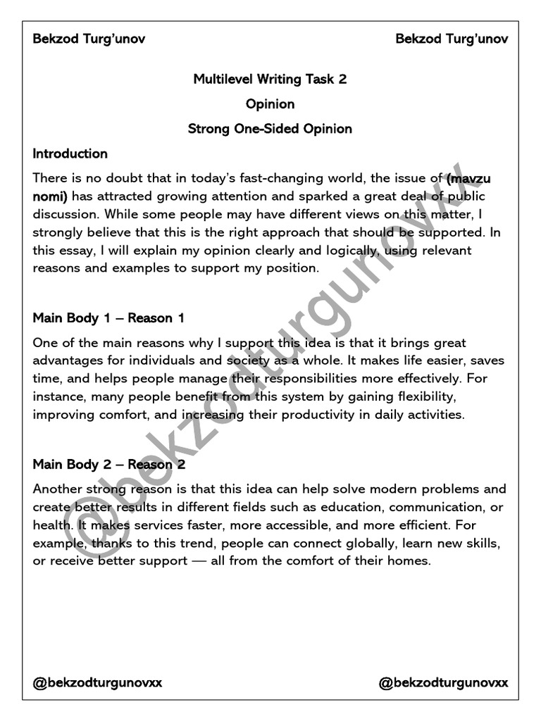 Multilevel Writing Task 2 - Strong One-Sided Opinion Shablon | PDF ...