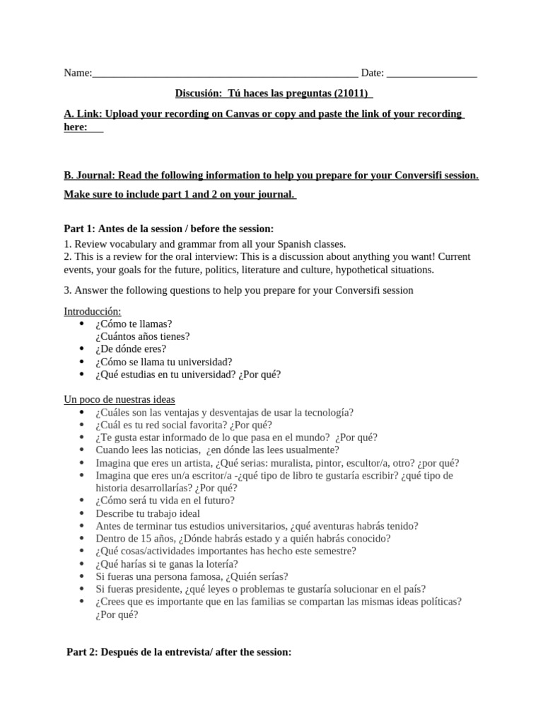 Oral Practice 6 Review For Oral Interview - Tú Haces Las Preguntas ...