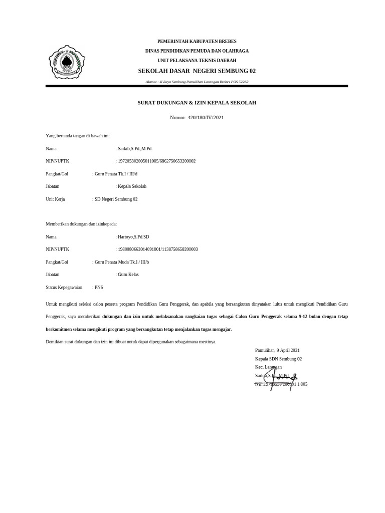 Surat Izin Program Pendidikan Guru Penggerak | PDF