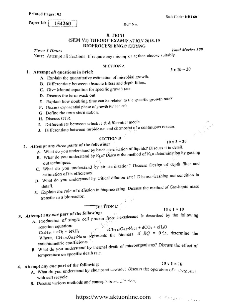 Btech Bt 6 Sem Bioprocess Engineering Rbt601 2019 (1) | PDF