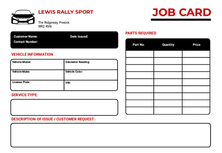 Vehicle Job Card Template Sample | PDF