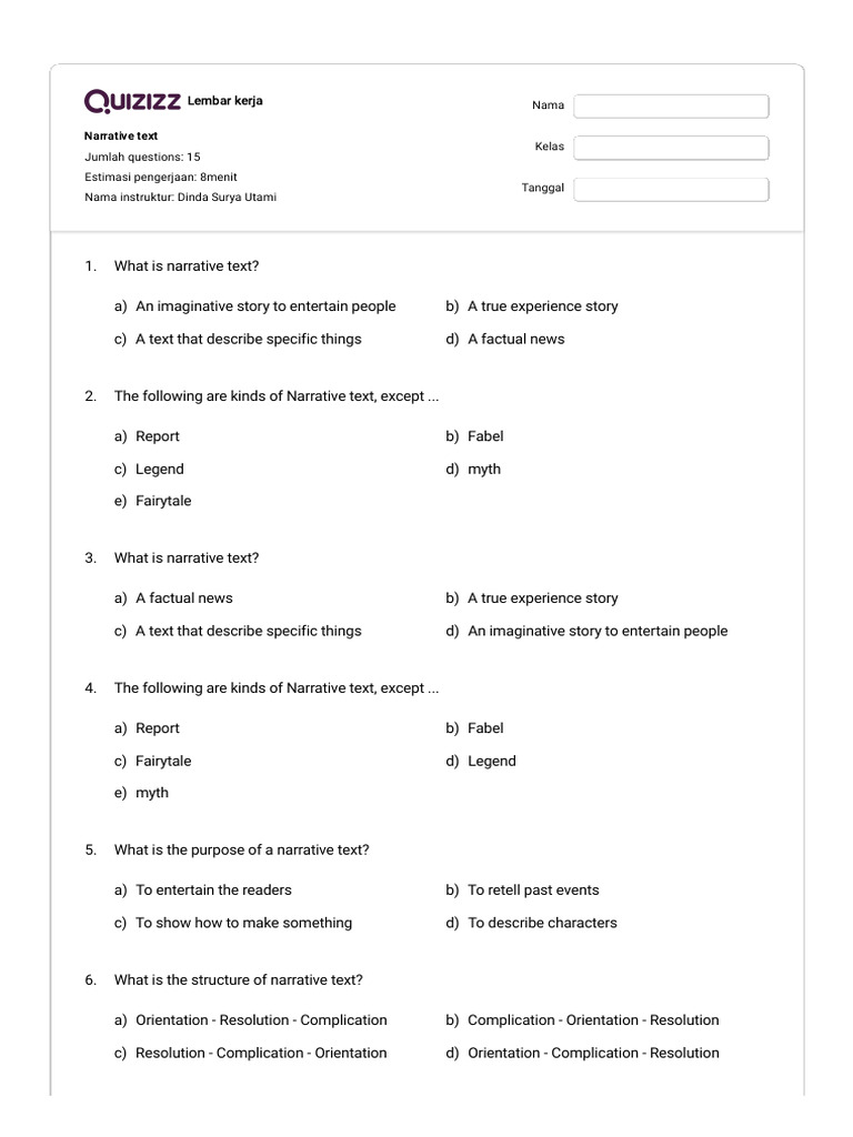 Narrative Text - Quizizz | PDF | Imagination | Storytelling