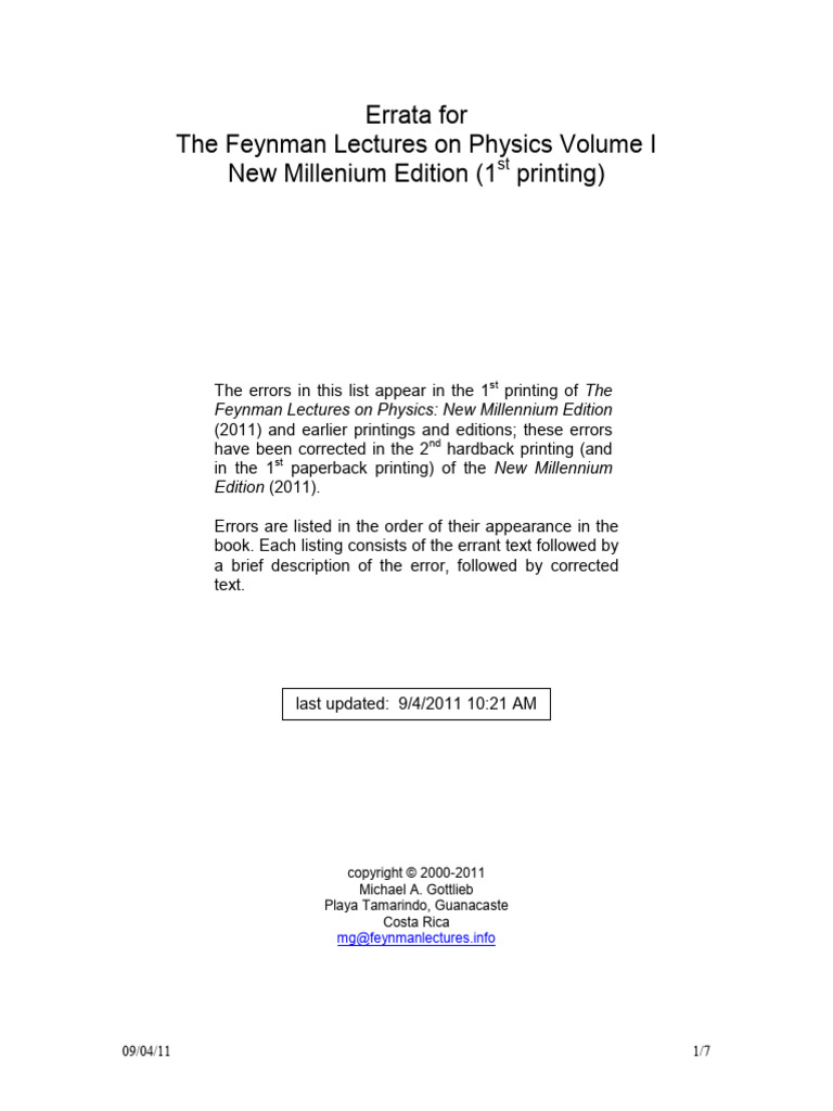 FLP New Millennium Edition 1st Printing Vol I Errata | PDF | Force | Potential Energy