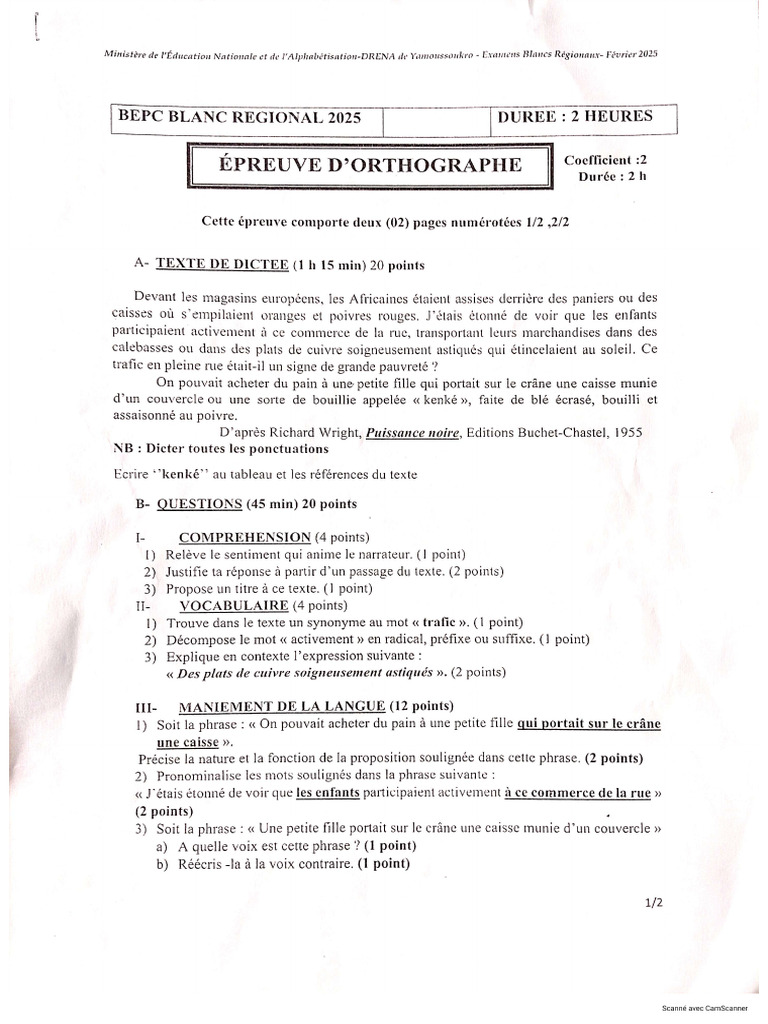 BEPC Blanc Yamoussoukro Dictée Questions | PDF