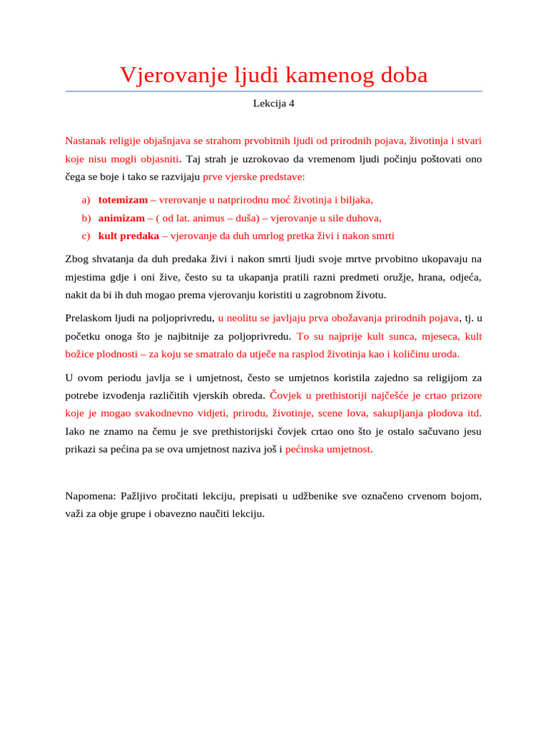 Lekcija 4 - Vjerovanje Ljudi Kamenog Doba | PDF