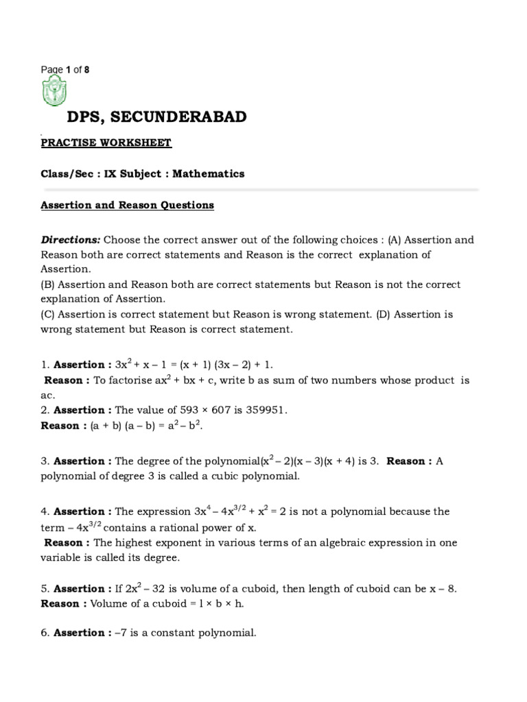 IX Mathematics Assertion and Reason Worksheet | PDF | Triangle ...