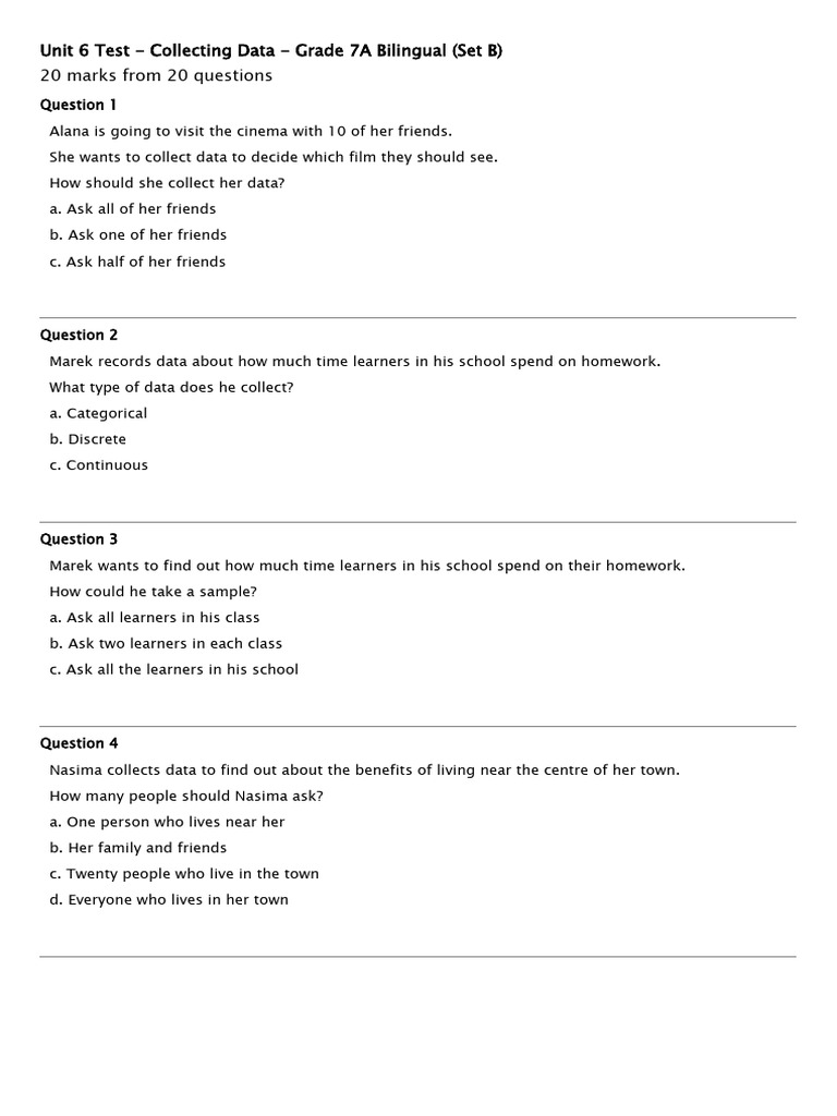 Unit 6 Test Collecting Data Pdf Survey Methodology Sampling Statistics