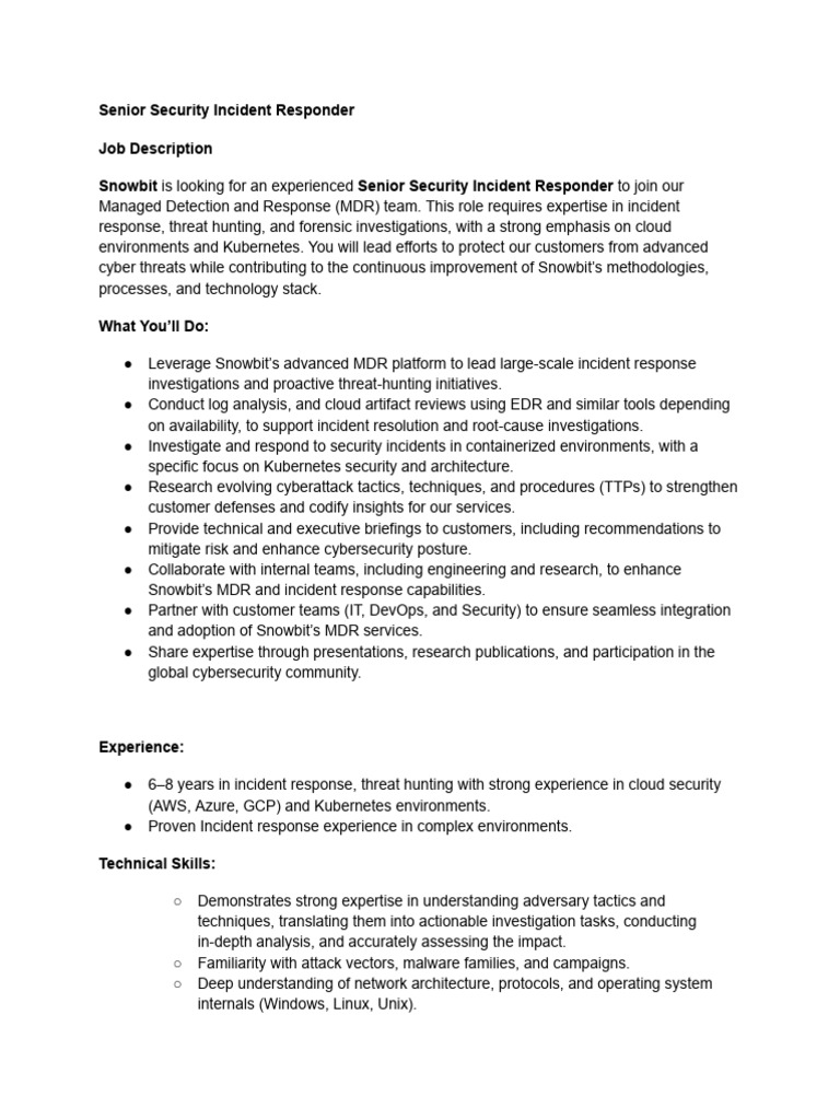 Incident Responder Job Description | PDF | Computer Security | Security