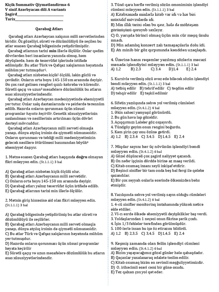 KSQ 6 Azərbaycan Dili V Sinif A B Variantı Samid Dadaşov 0518183355 | PDF