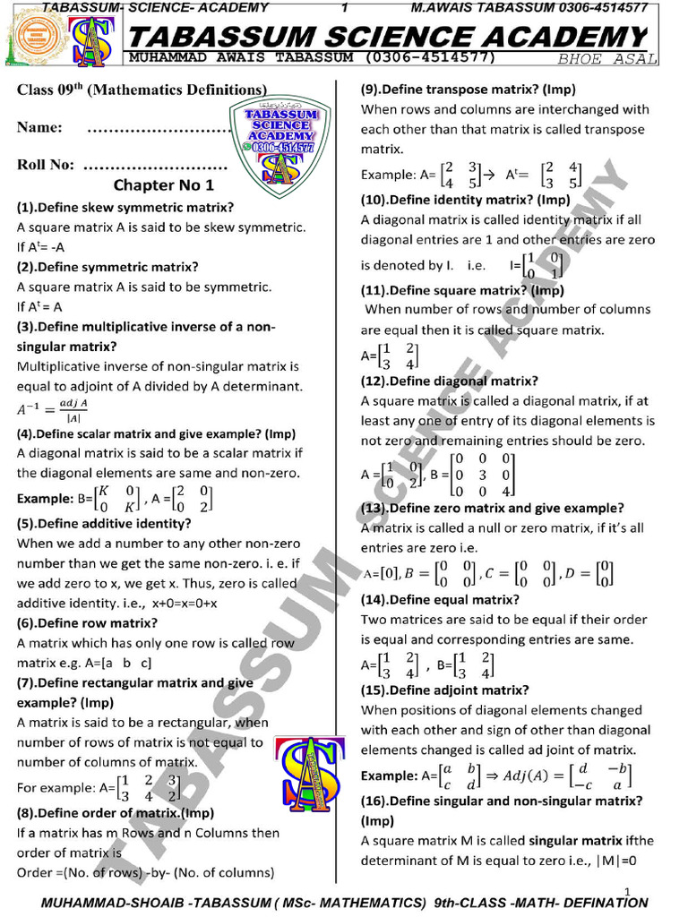 9th Math EM Definitions | PDF