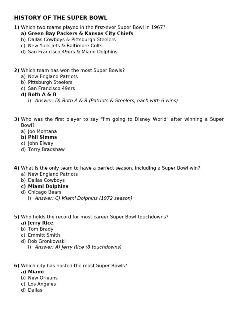 Super Bowl History and Records Quiz | PDF | Super Bowl | Tom Brady