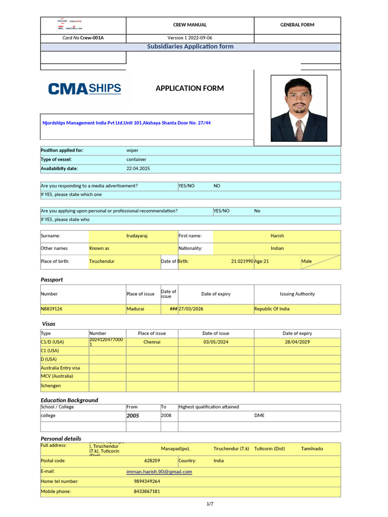 CMA-CGM Crew-001A Application Form | PDF | Ships | Shipping