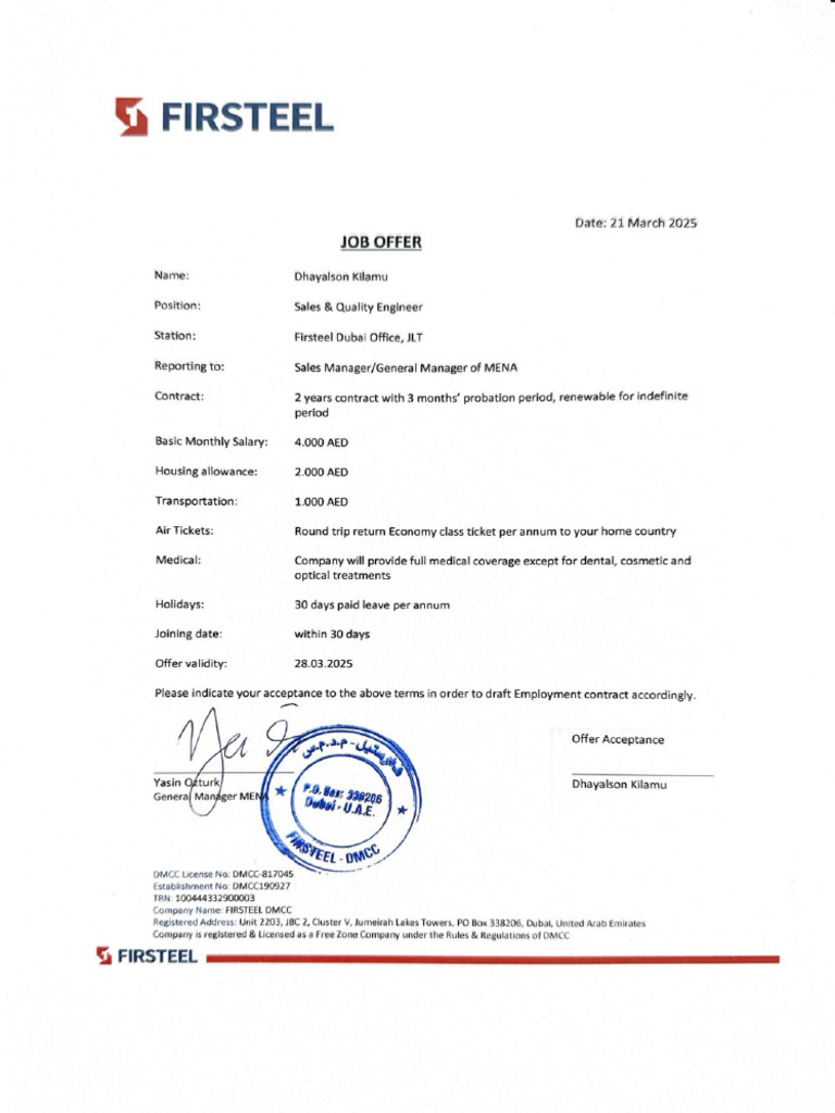 Dhyalson Kilamu_Firsteel Job Offer | PDF