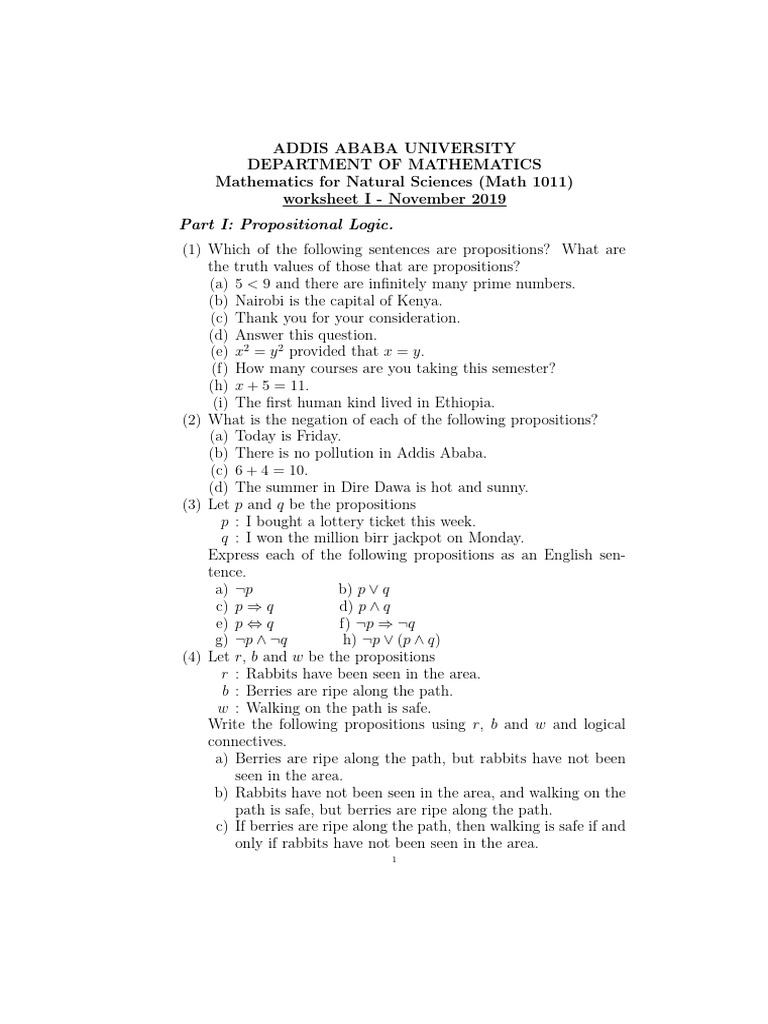Worksheet 1 Math 1011-Final | PDF | Proposition | Syntax (Logic)