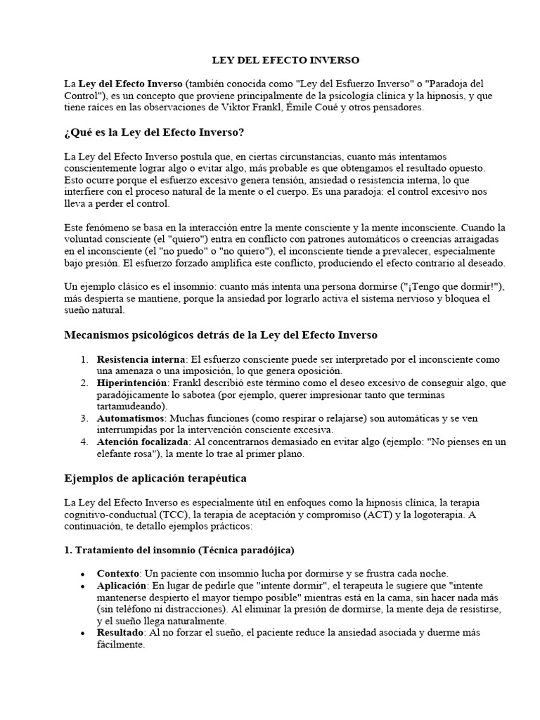 Ley Del Efecto Inverso | PDF | Terapia de conducta cognitiva | Hipnosis