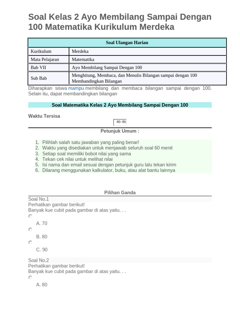 Soal Kelas 2 Ayo Membilang Sampai Dengan 100 Matematika Kurikulum Merdeka | PDF