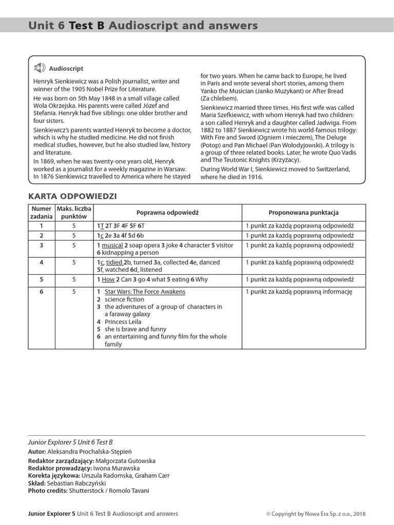 Junior Explorer 5 Unit 6 Test B Audioscript and Answers | PDF | Novels ...