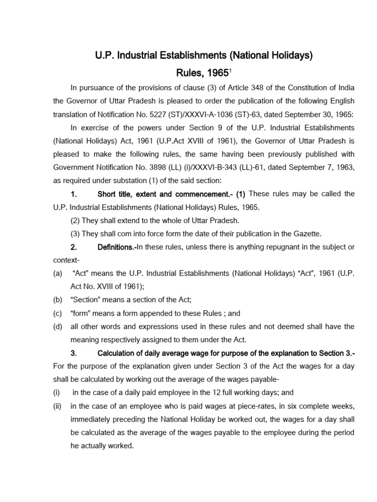 U.P. National Holidays Rules, 1965 | PDF | Employment | Legal Documents