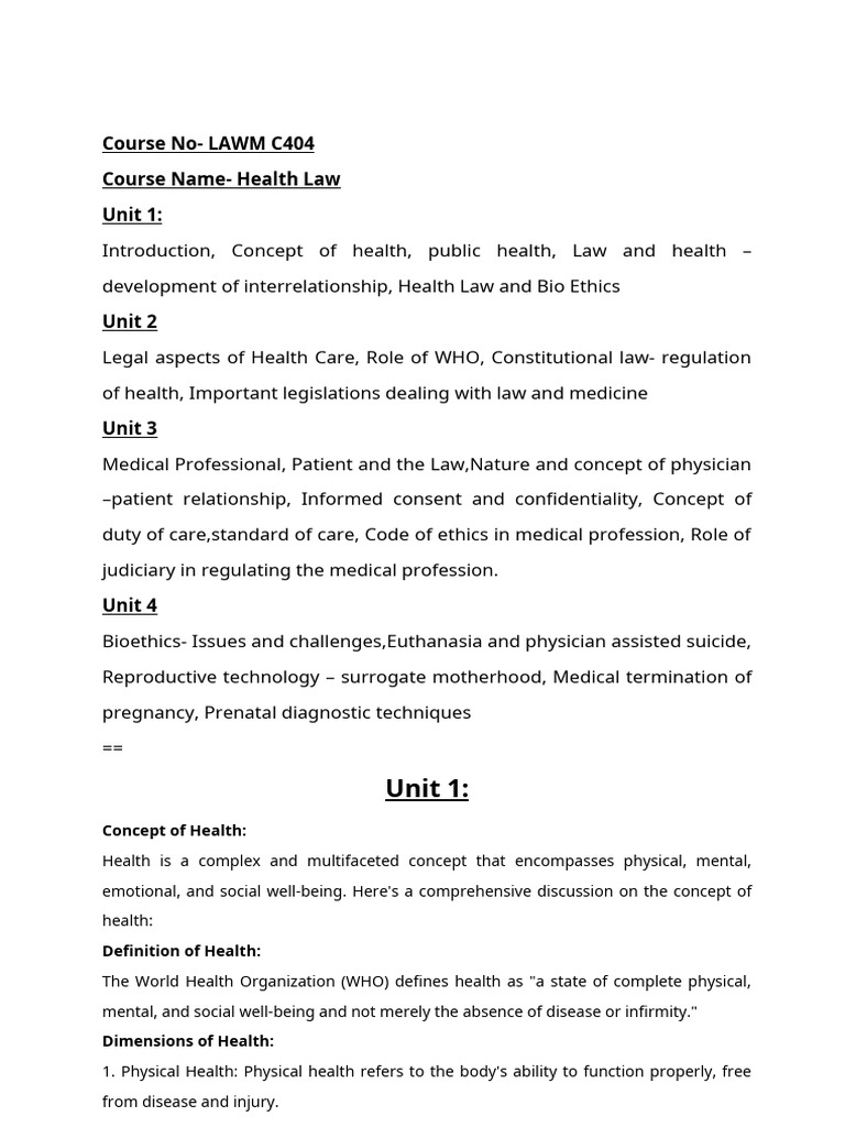 LLM Notes - 404 - Two Units - Health Law | PDF | Public Health | World ...