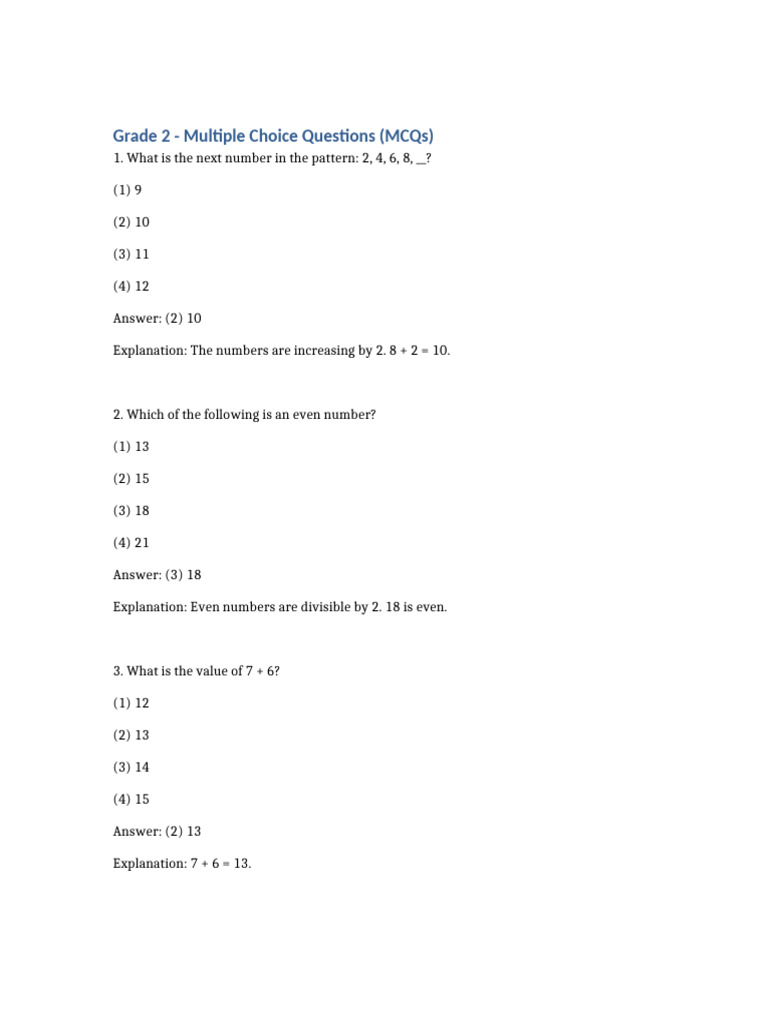 Grade 2 Maths MCQs with Answers | PDF