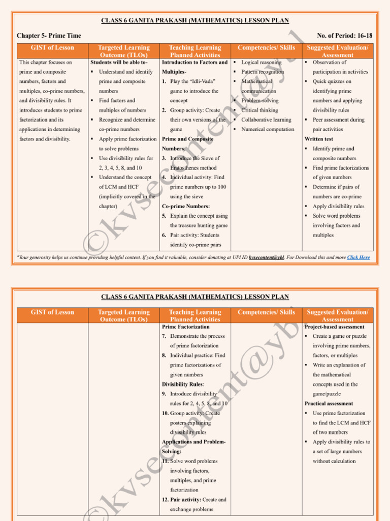 Class 6 Math Chapter 5 - Prime Time Lesson Plan. | PDF