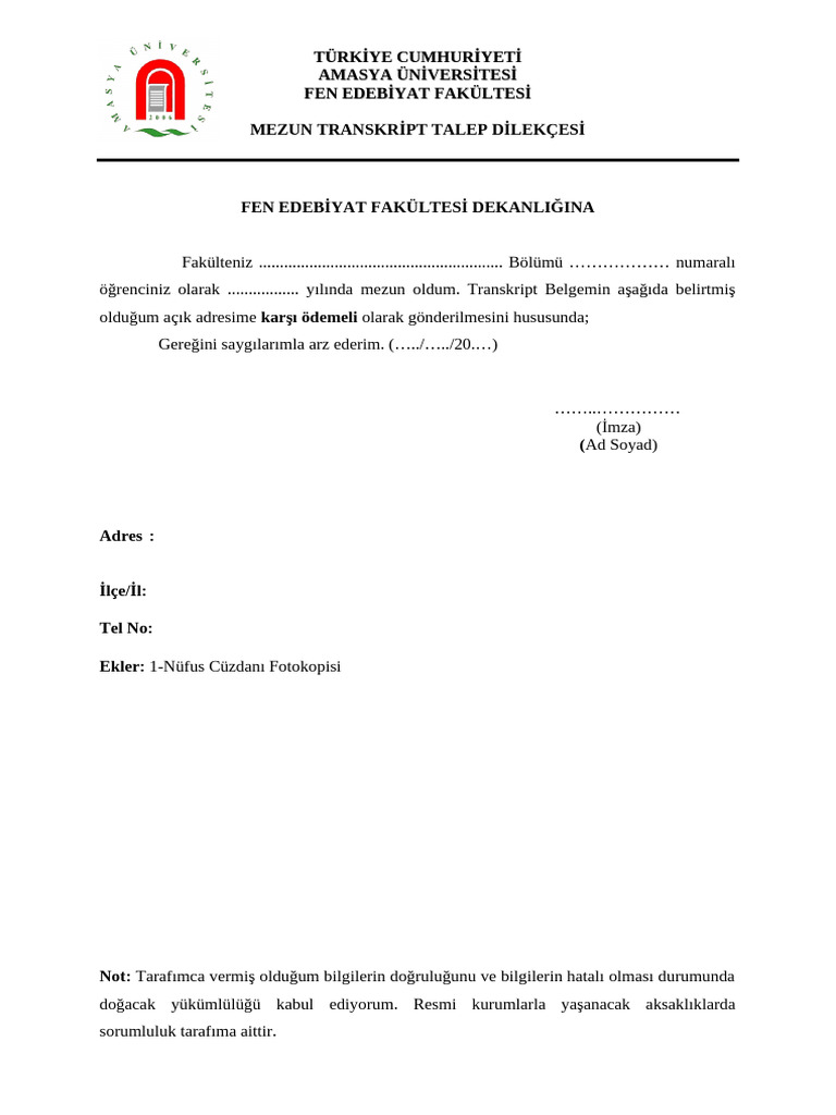 15 Mezun Transkript Talep Dilekce Ornegi 1 | PDF