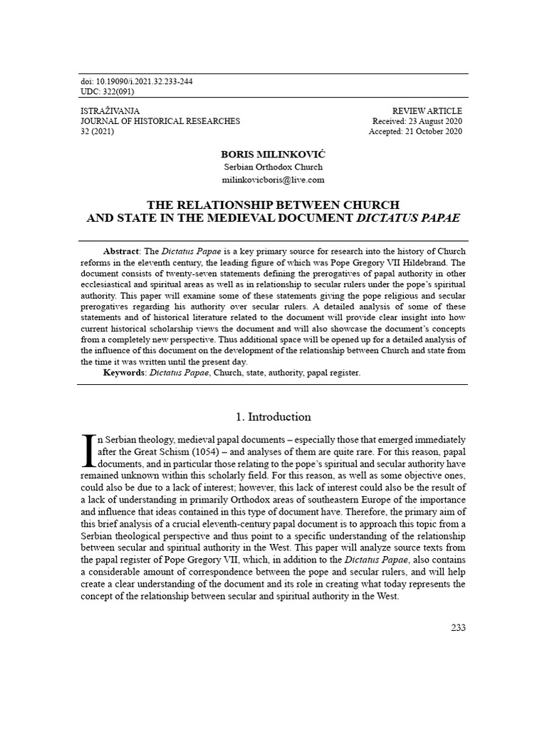 The Relationship Between Church and Stat | PDF | Pope | Holy See