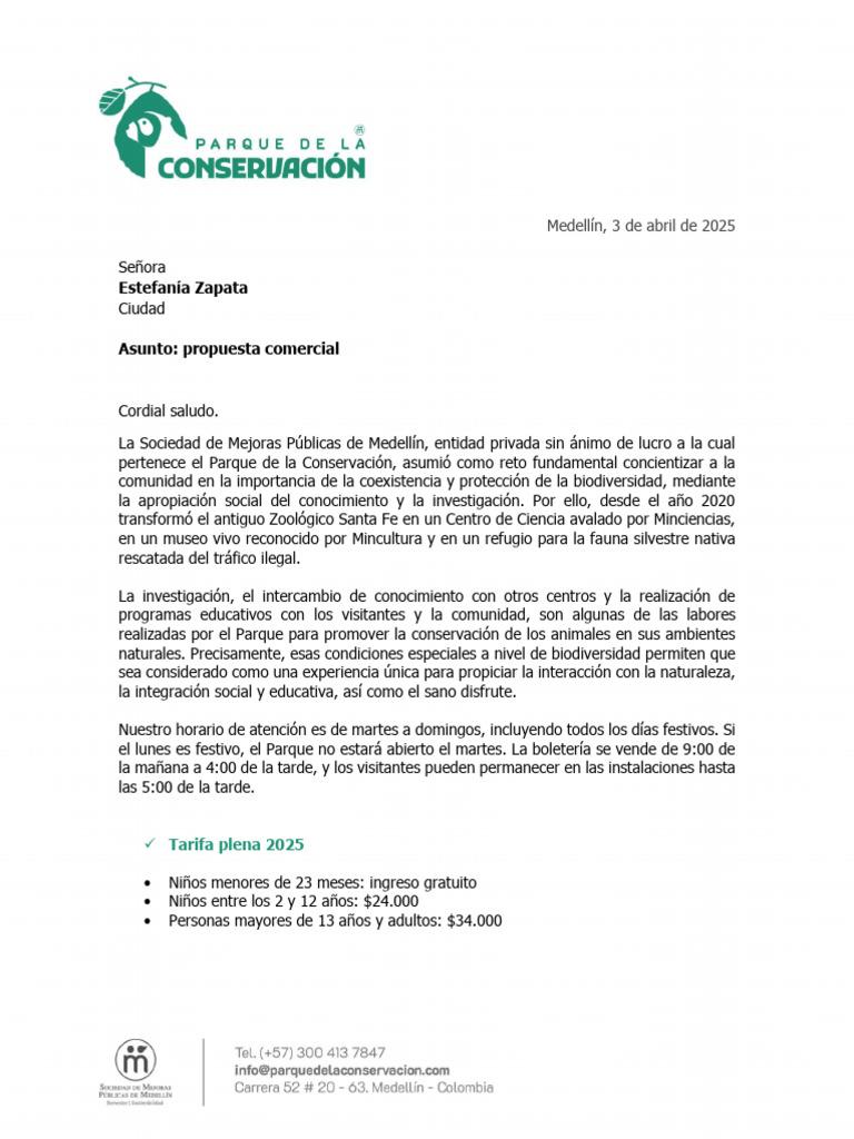Propuesta Comercial Estefania Zapata | PDF | zoo | Biodiversidad
