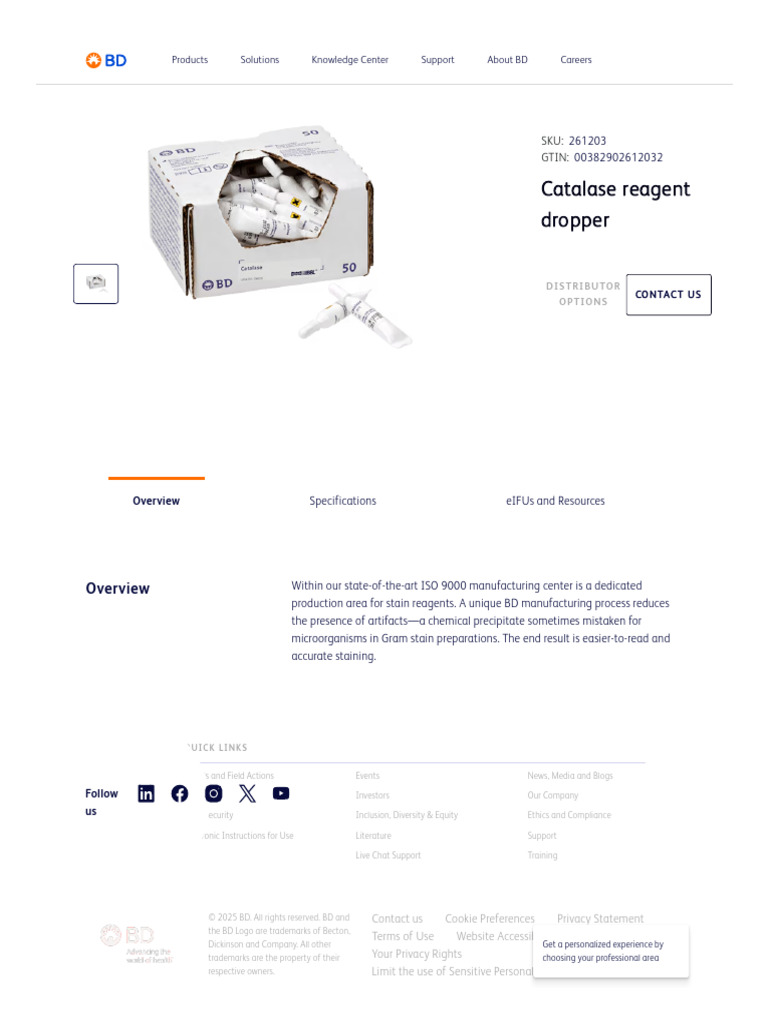 Catalase Reagent Dropper - 261203 - BD | PDF
