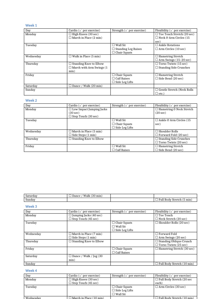 4Week_Exercise_Tracker_Checkboxes_Formatted | PDF | Knee | Physical ...