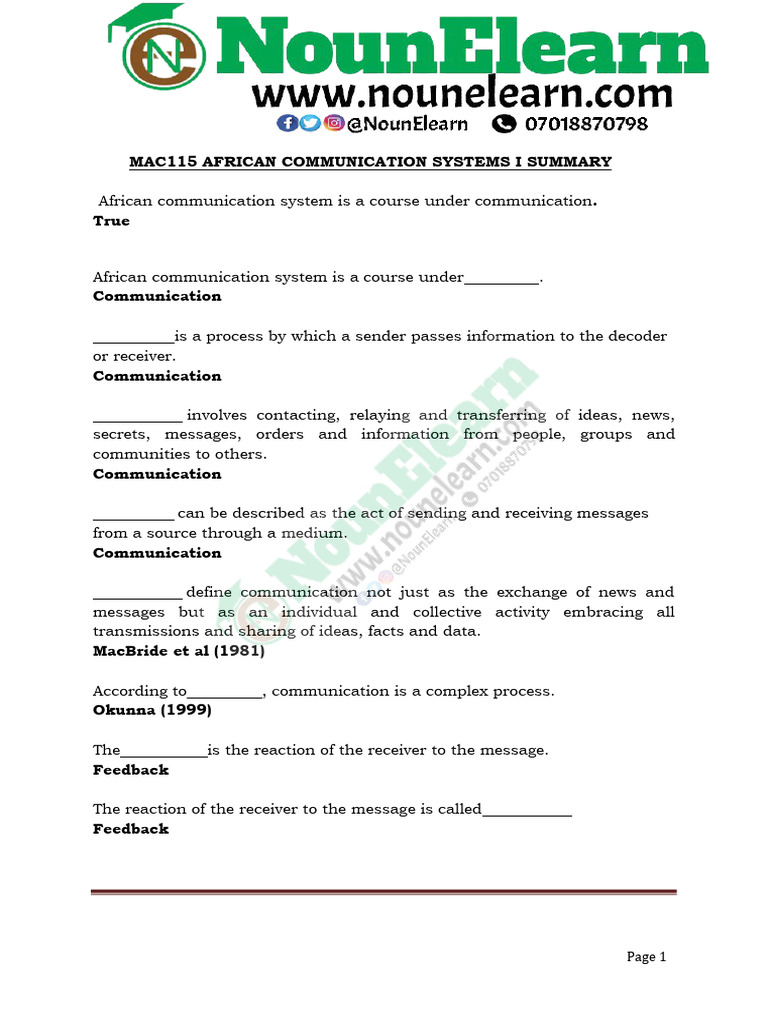 Mac115 African Communication Systems I Summary | PDF | Communication ...